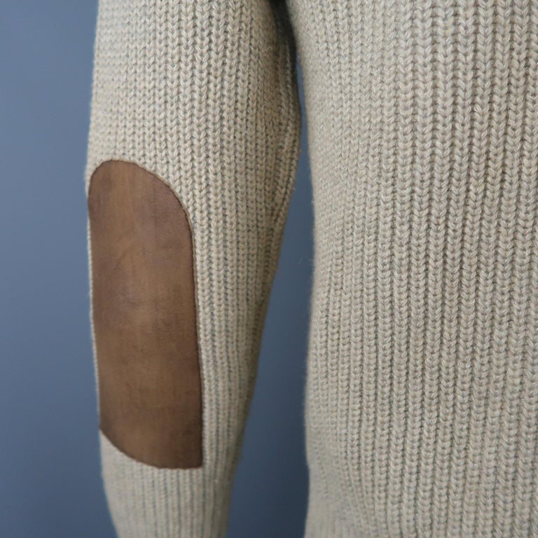 RRL by RALPH LAUREN Size M Beige Cotton Blend Brown Leather Patch ...