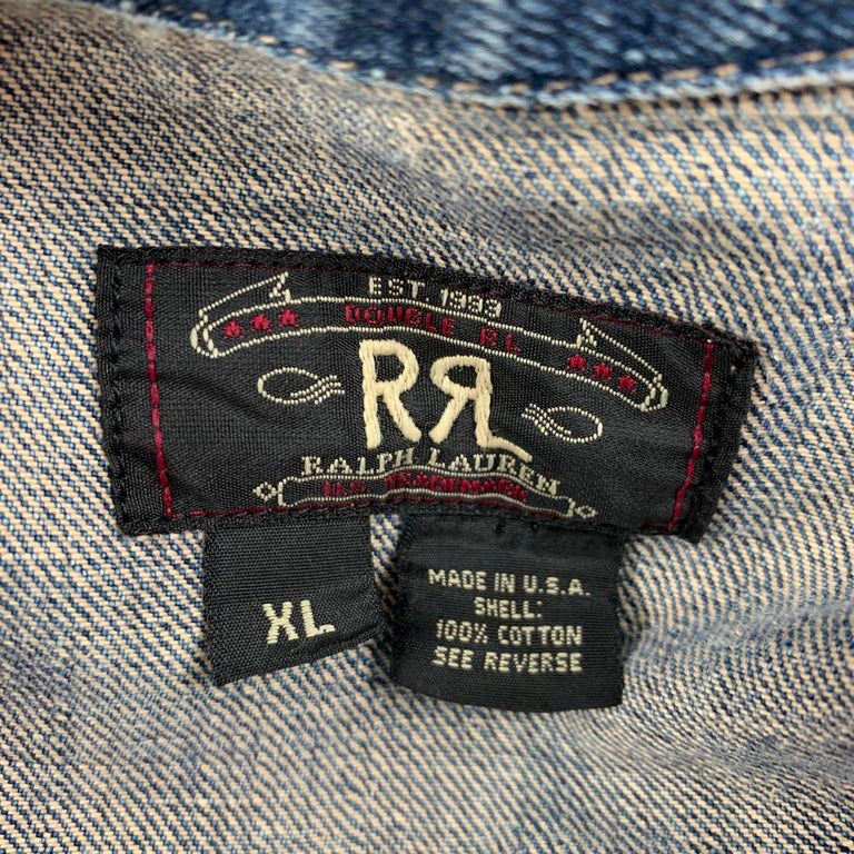 RRL by RALPH LAUREN Size XL Blue Distressed Cotton Denim Jacket For Sale at 1stDibs