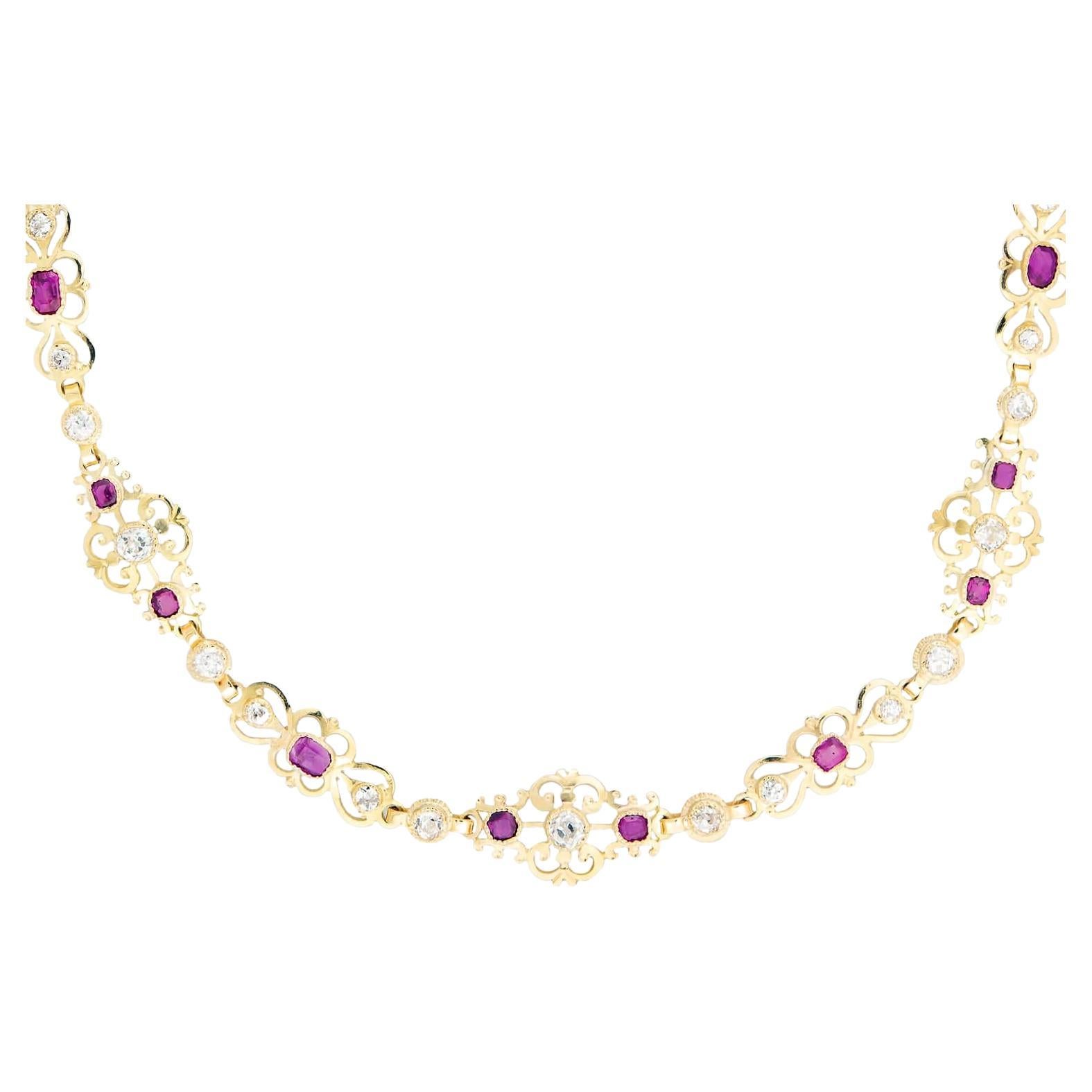 rt Deco Austrian 18k Diamond and Ruby Scrolling Panel Link Necklace For ...