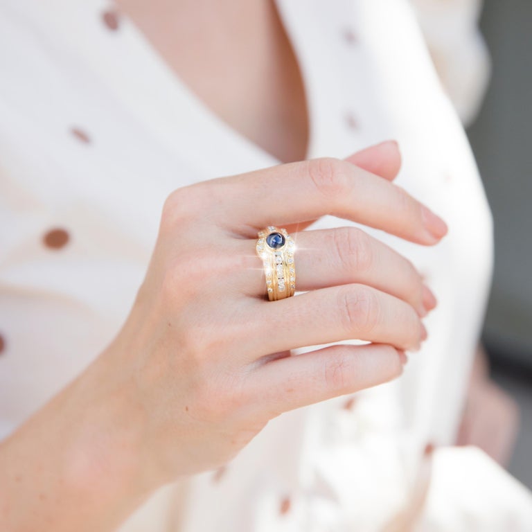 Rub Over Deep Blue Sapphire and Diamond Vintage Dome Ring in 18 Carat ...