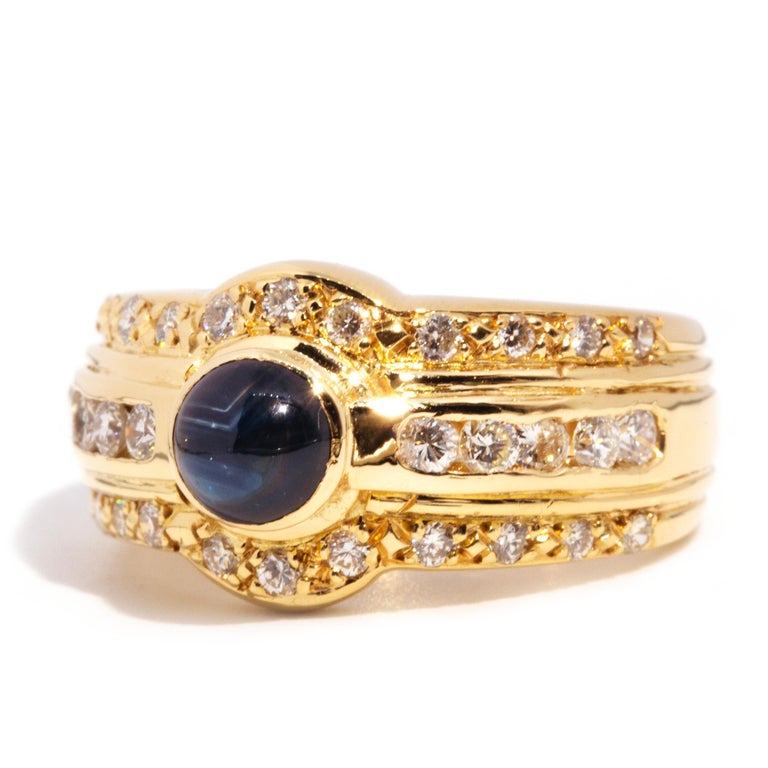 Rub Over Deep Blue Sapphire and Diamond Vintage Dome Ring in 18 Carat ...