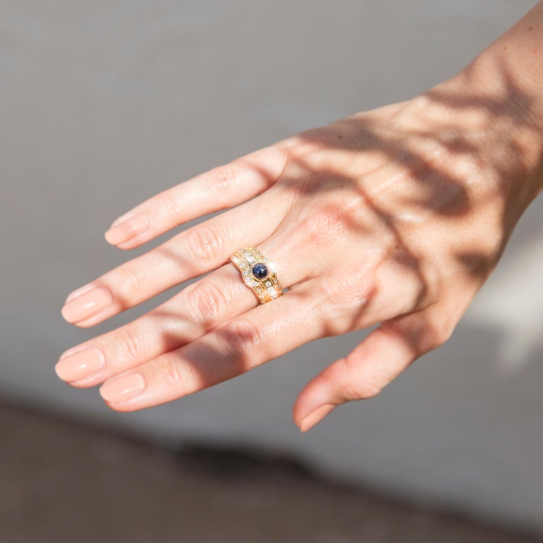 Rub Over Deep Blue Sapphire and Diamond Vintage Dome Ring in 18 Carat ...
