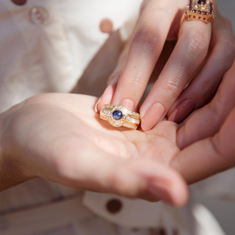 Rub Over Deep Blue Sapphire and Diamond Vintage Dome Ring in 18 Carat ...