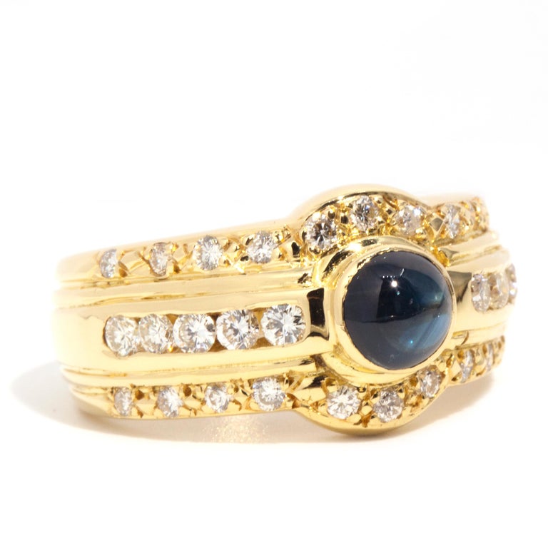 Rub Over Deep Blue Sapphire and Diamond Vintage Dome Ring in 18 Carat ...