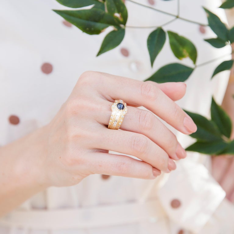 Rub Over Deep Blue Sapphire and Diamond Vintage Dome Ring in 18 Carat ...