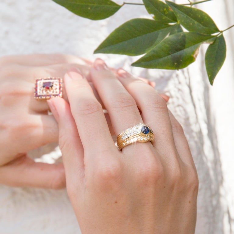 Rub Over Deep Blue Sapphire and Diamond Vintage Dome Ring in 18 Carat ...