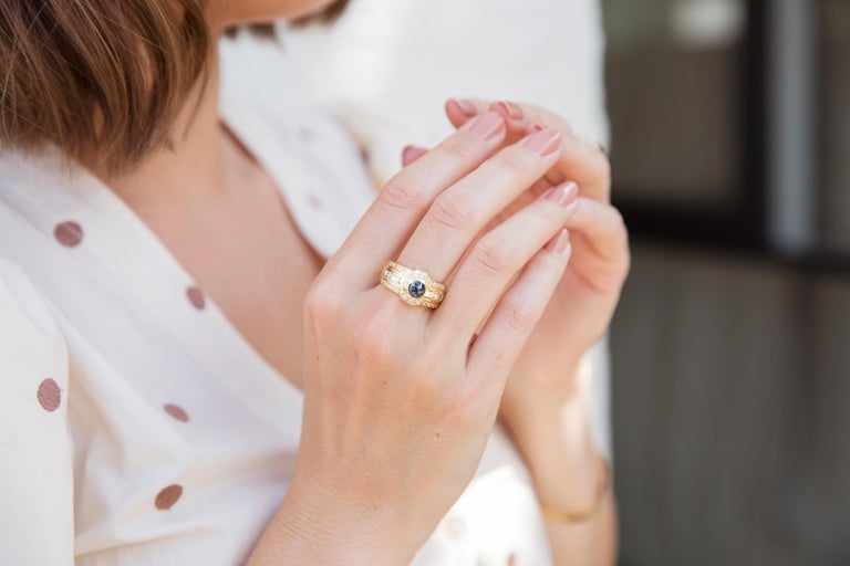 Rub Over Deep Blue Sapphire and Diamond Vintage Dome Ring in 18 Carat ...