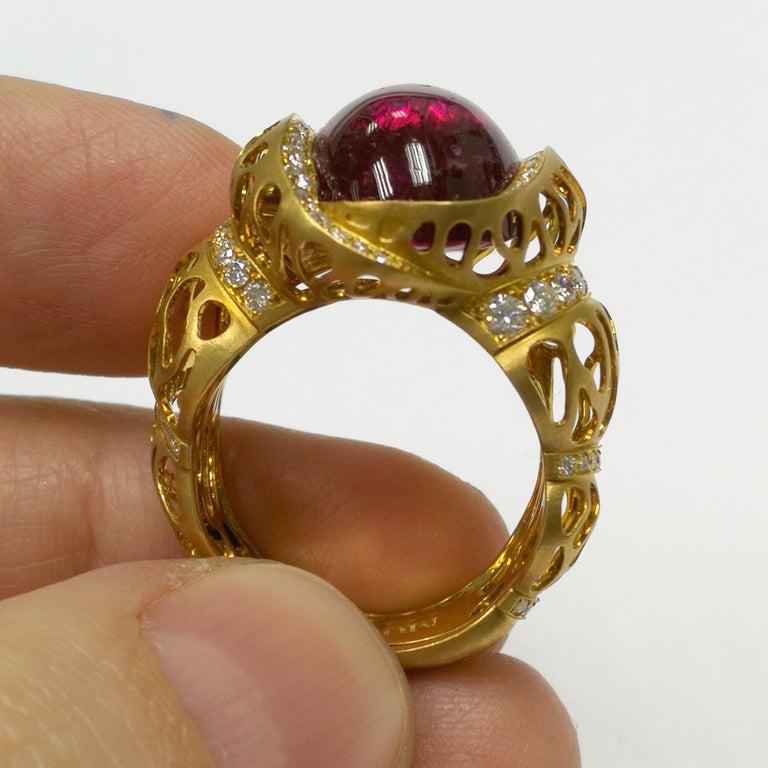 Rubellite 11.07 Carat Diamonds 18 Karat Yellow Gold Coral Reef Ring For ...