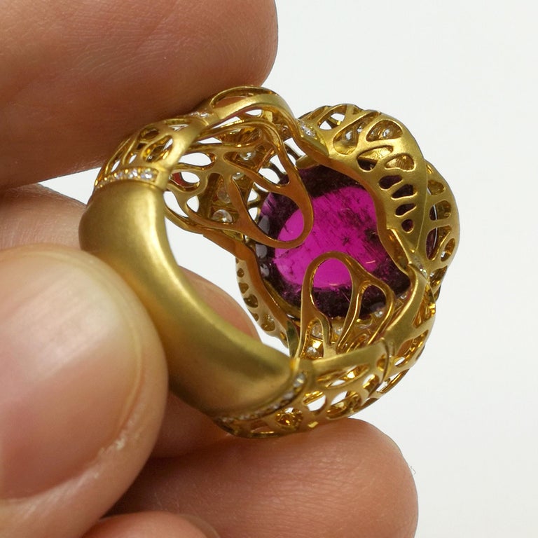 Rubellite 11.07 Carat Diamonds 18 Karat Yellow Gold Coral Reef Ring For ...