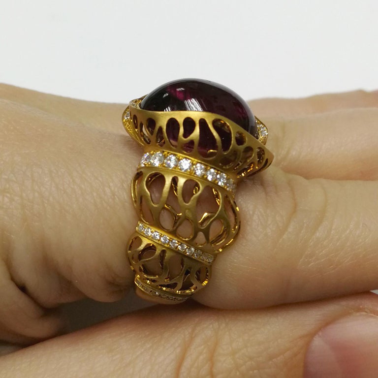 Rubellite 11.07 Carat Diamonds 18 Karat Yellow Gold Coral Reef Ring For ...