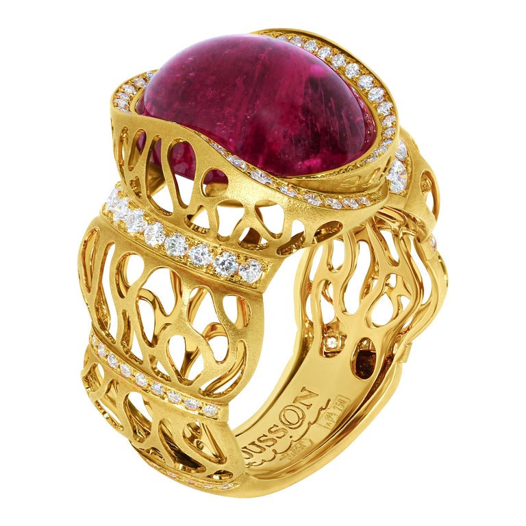 Rubellite 11.07 Carat Diamonds 18 Karat Yellow Gold Coral Reef Ring For ...