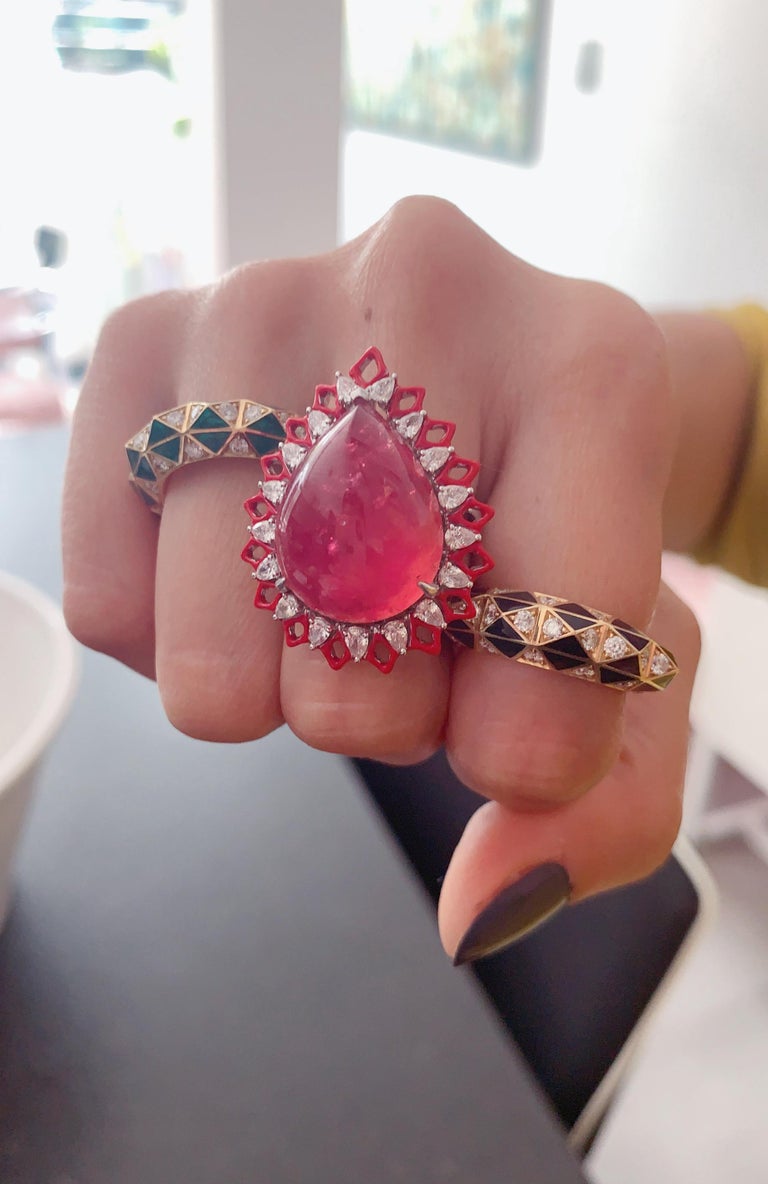 Rubellite Cabochon and Diamonds with Enamel 18kt White Gold Ring For ...