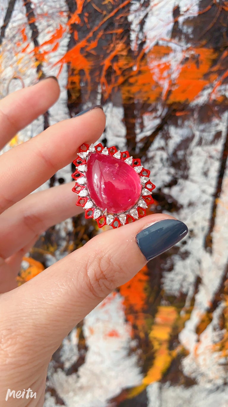 Rubellite Cabochon and Diamonds with Enamel 18kt White Gold Ring For ...