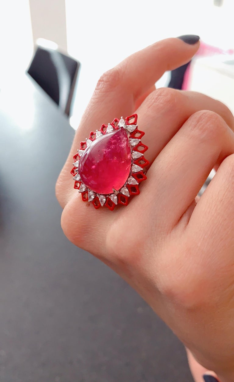 Rubellite Cabochon and Diamonds with Enamel 18kt White Gold Ring For ...