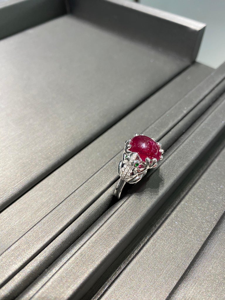 Rubellite Pink Tourmaline Diamond Pave Double Frog 18 Karat White Gold ...