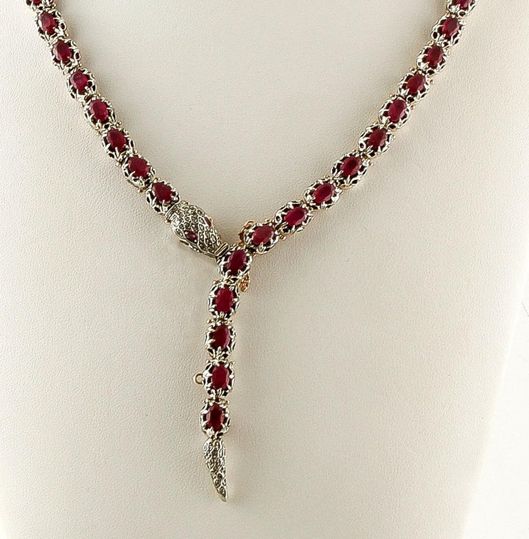 Rubies, Diamonds, 9 Karat Yellow Gold and Silver, Retro Snake Necklace ...