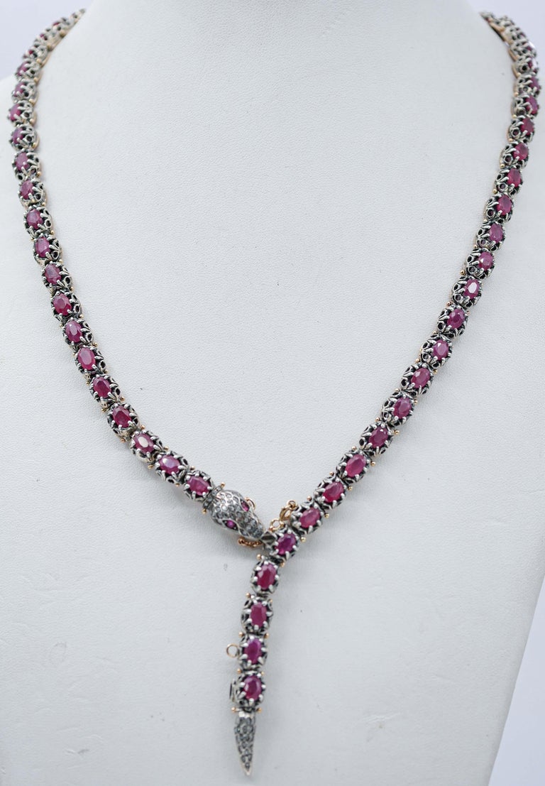 Rubies, Diamonds, Stones, Rose Gold and Silver Retro Snake Necklace For ...