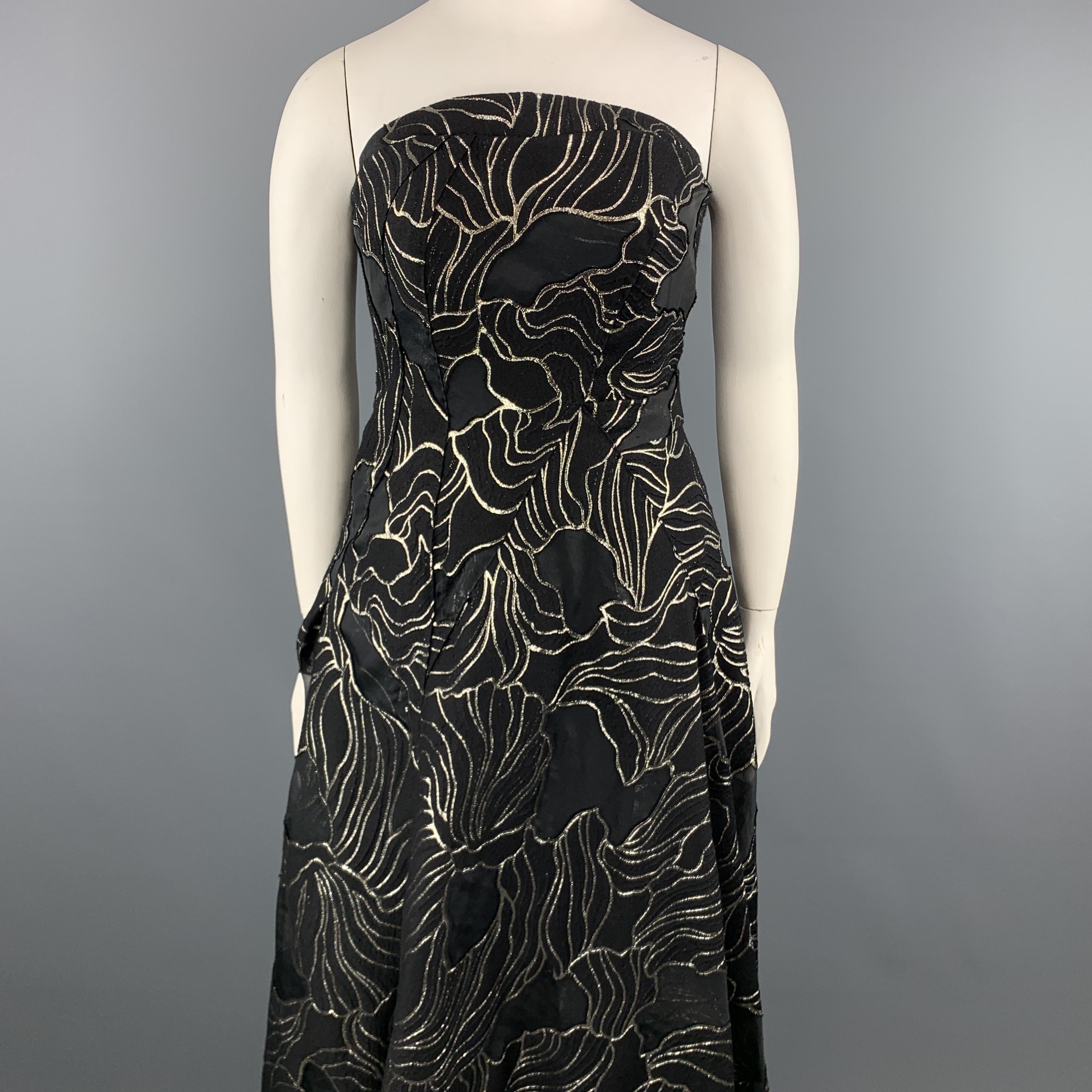 RUBIN SINGER Size 14 Black and Gold Floral Wool Blend Strapless Bustier ...