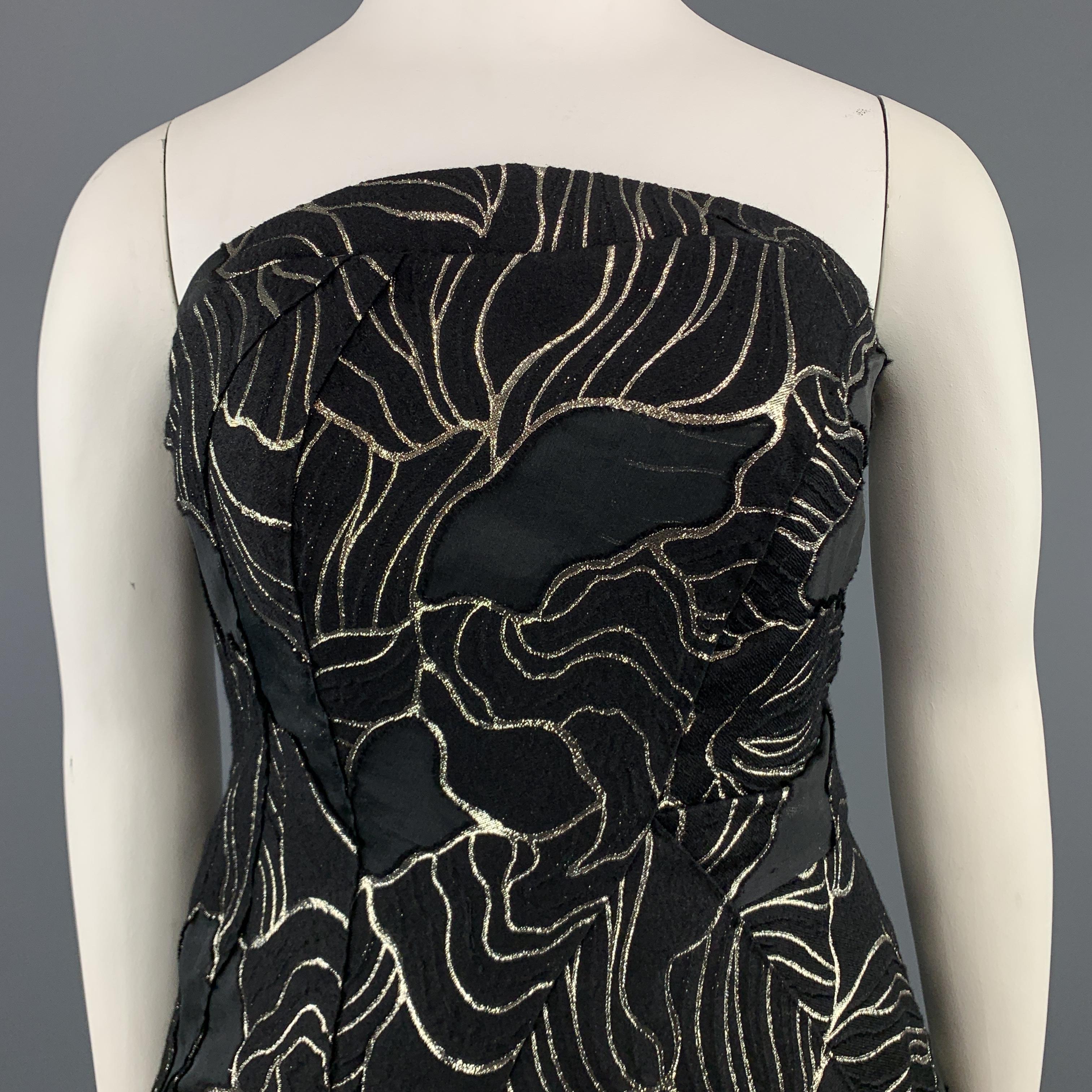 RUBIN SINGER Size 14 Black and Gold Floral Wool Blend Strapless Bustier ...