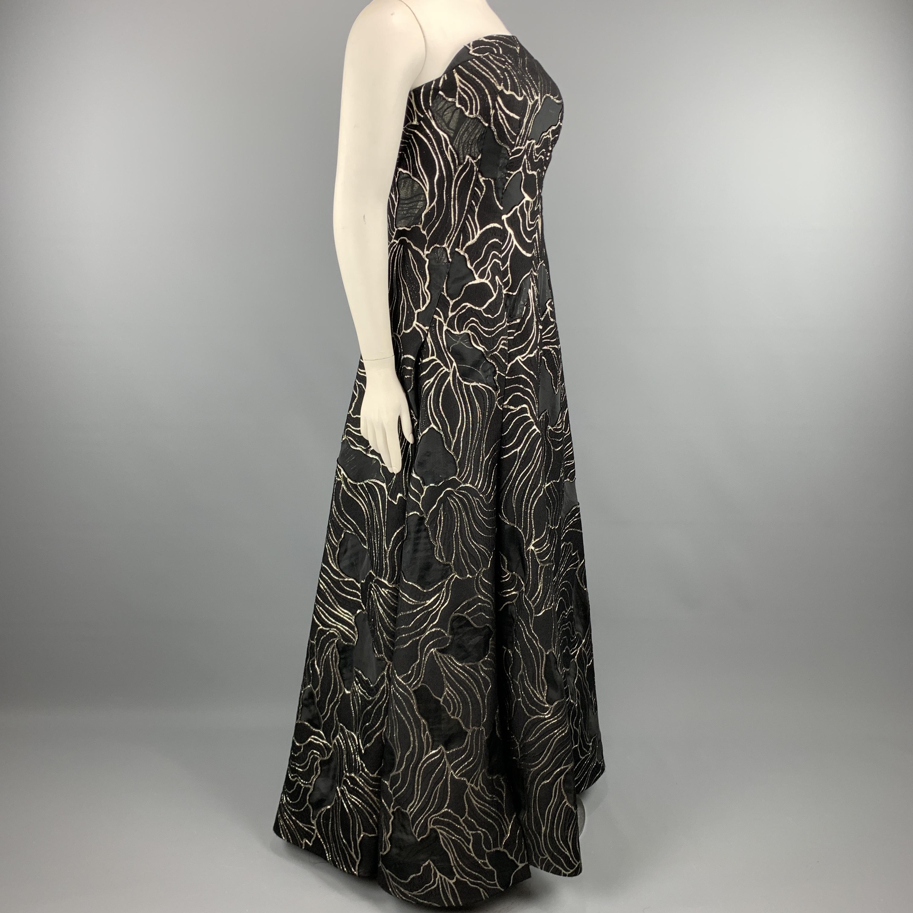 RUBIN SINGER Size 14 Black and Gold Floral Wool Blend Strapless Bustier ...