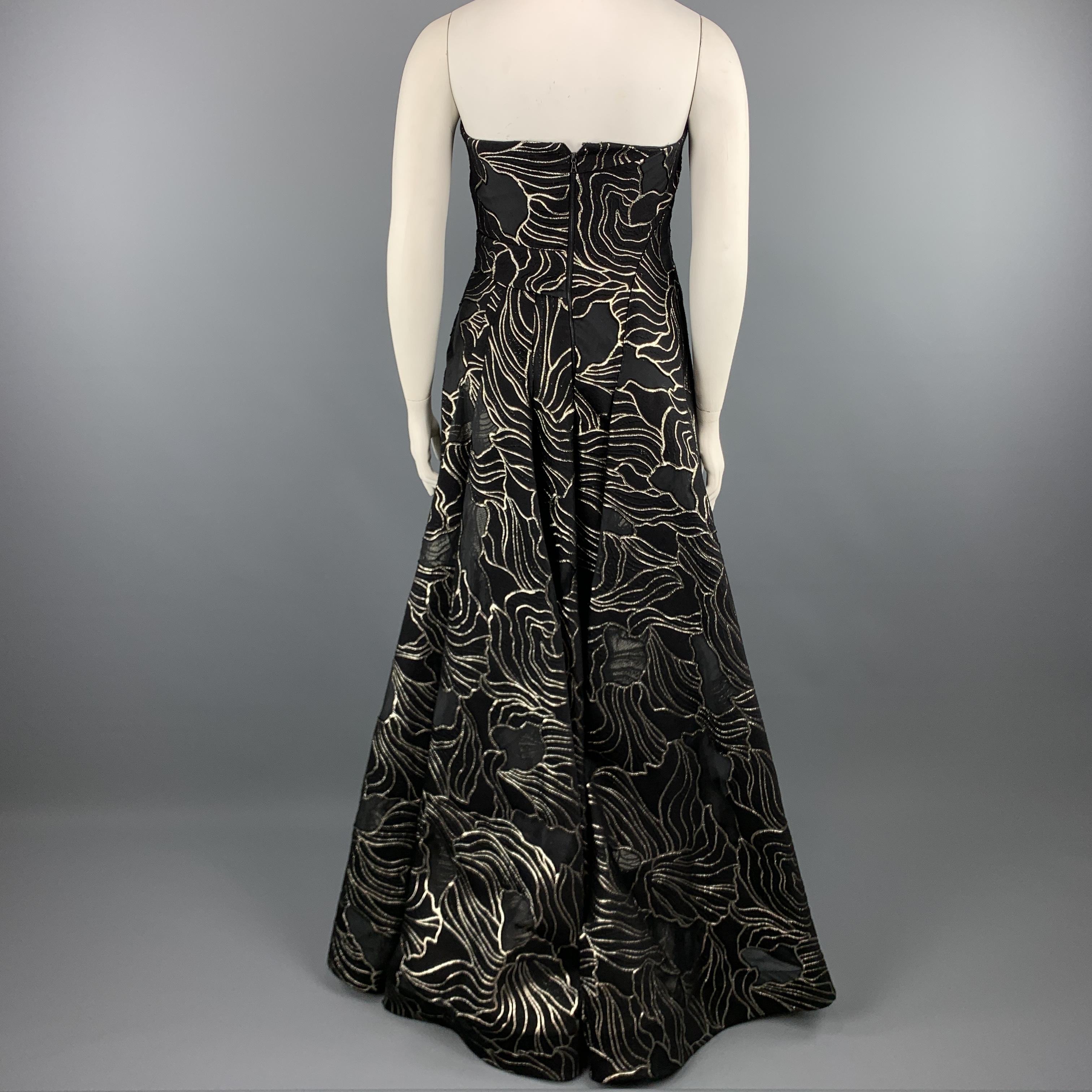 RUBIN SINGER Size 14 Black and Gold Floral Wool Blend Strapless Bustier ...