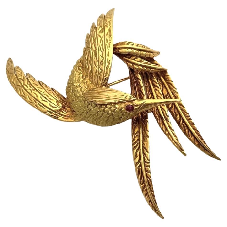 18 Karat Yellow Gold, Pearl and Ruby Bird and Nest Pin/Brooch For Sale ...