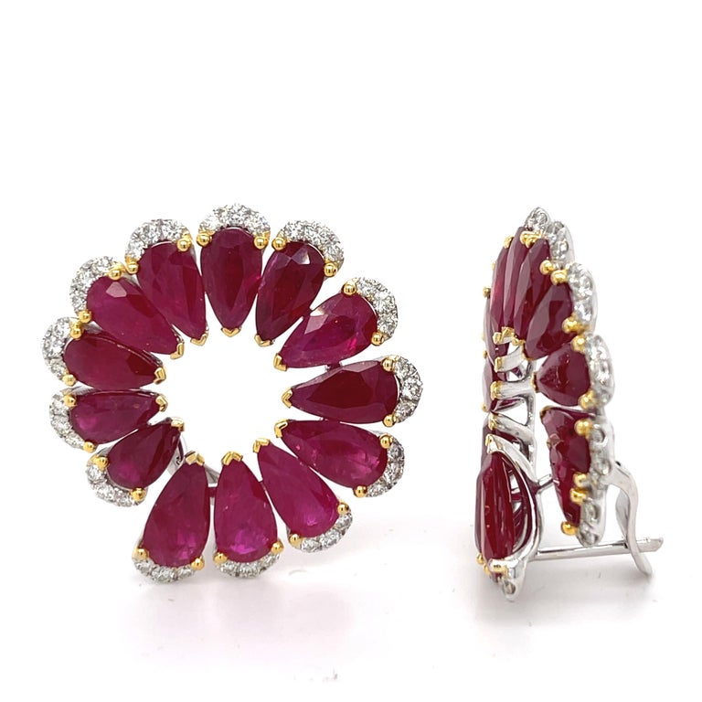 Ruby and Diamond 18K White and Yellow Gold Earrings For Sale at 1stDibs