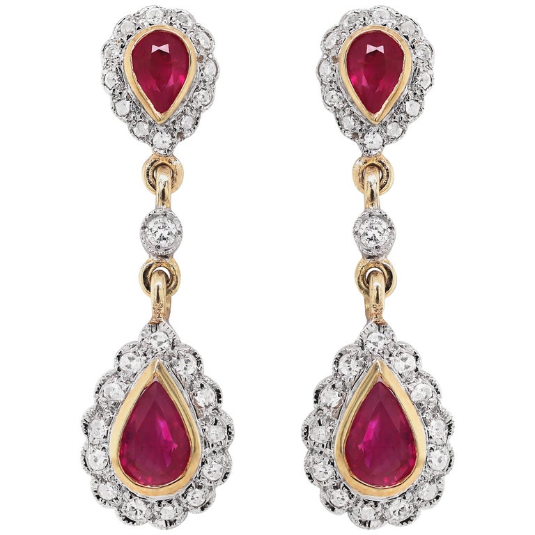 Ruby and Diamond 14 Carat Gold Drop Earrings For Sale at 1stDibs
