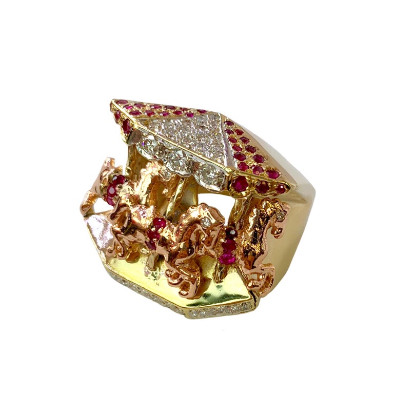 Ruby and Diamond 14 Karat Yellow and Rose Gold Carousel Ring For Sale ...
