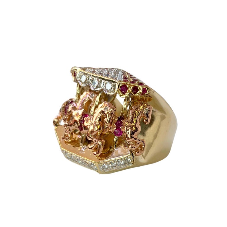 Ruby and Diamond 14 Karat Yellow and Rose Gold Carousel Ring For Sale ...