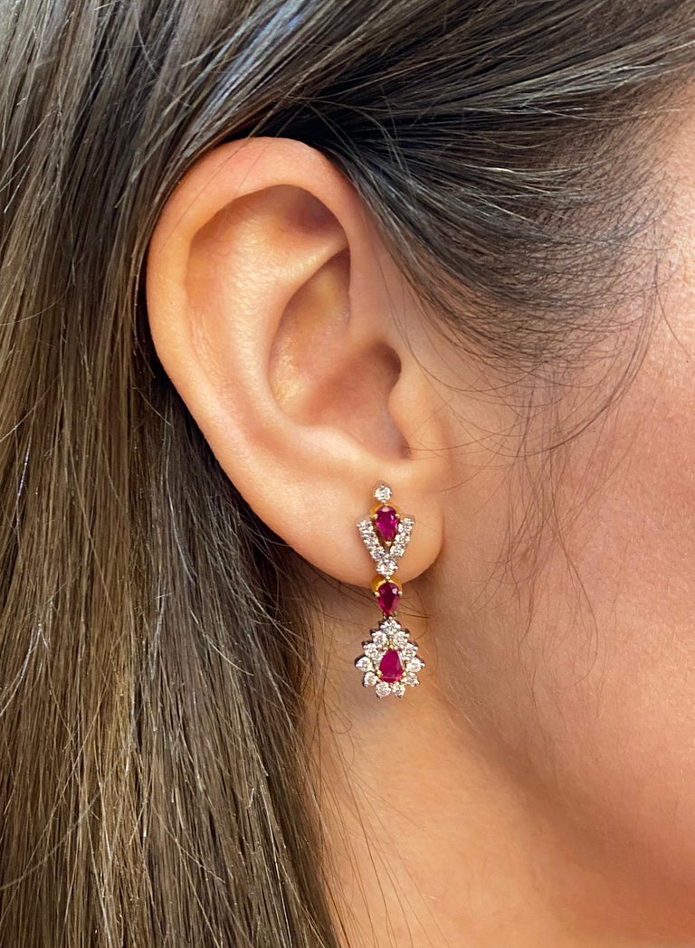 Ruby and Diamond 18 Carat Gold Drop Earrings For Sale at 1stDibs