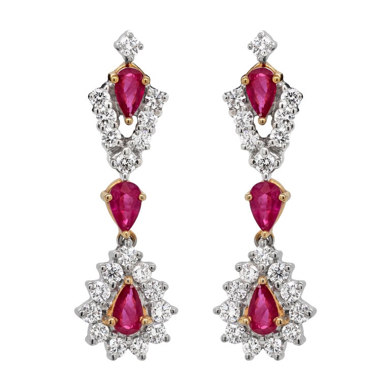 Ruby and Diamond 18 Carat Gold Drop Earrings For Sale at 1stDibs