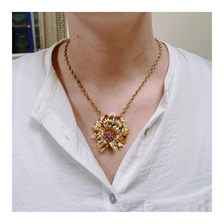 Ruby and Diamond 18K Yellow Gold Pendant / Brooch, circa 1960s For Sale ...