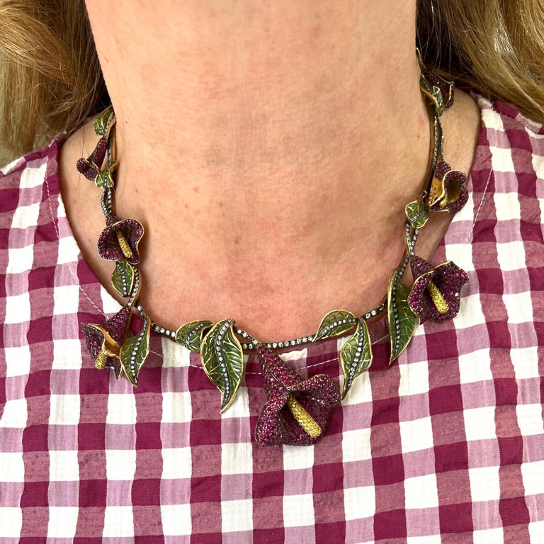 Ruby and Diamond Calla Lily Necklace For Sale at 1stDibs