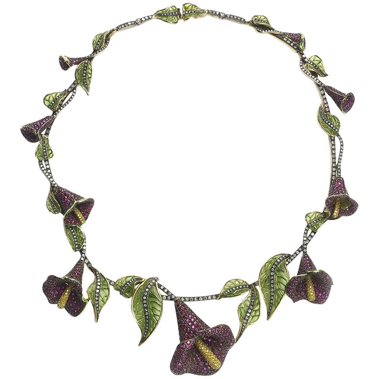 Ruby and Diamond Calla Lily Necklace For Sale at 1stDibs
