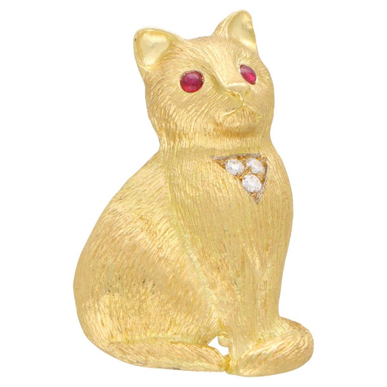 Ruby and Diamond Cat Pin Brooch Set in 18k Yellow Gold at 1stDibs