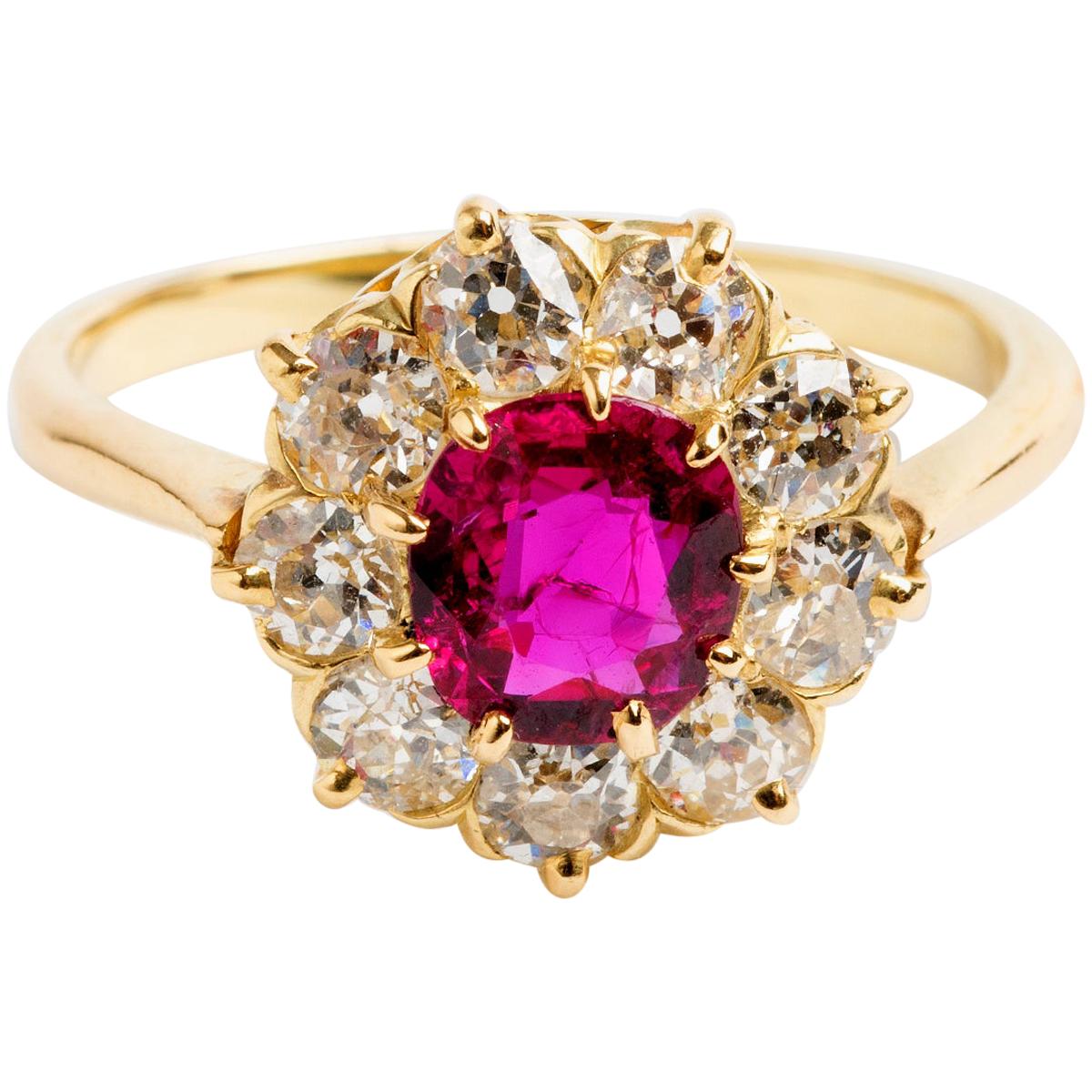 Romantic Ruby and Mine Cut Diamond Ring For Sale at 1stDibs