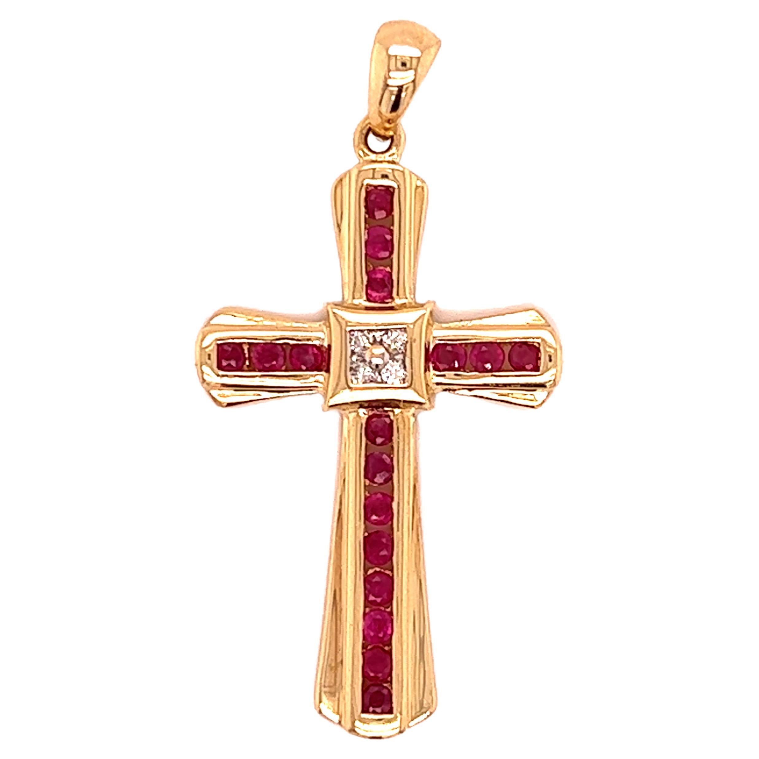 Ruby and Diamond Cross Pendant in 14K Yellow Gold For Sale at 1stDibs