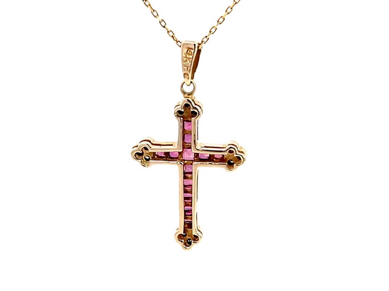 Ruby and Diamond Cross Pendant with Chain in 14k Yellow Gold For Sale ...