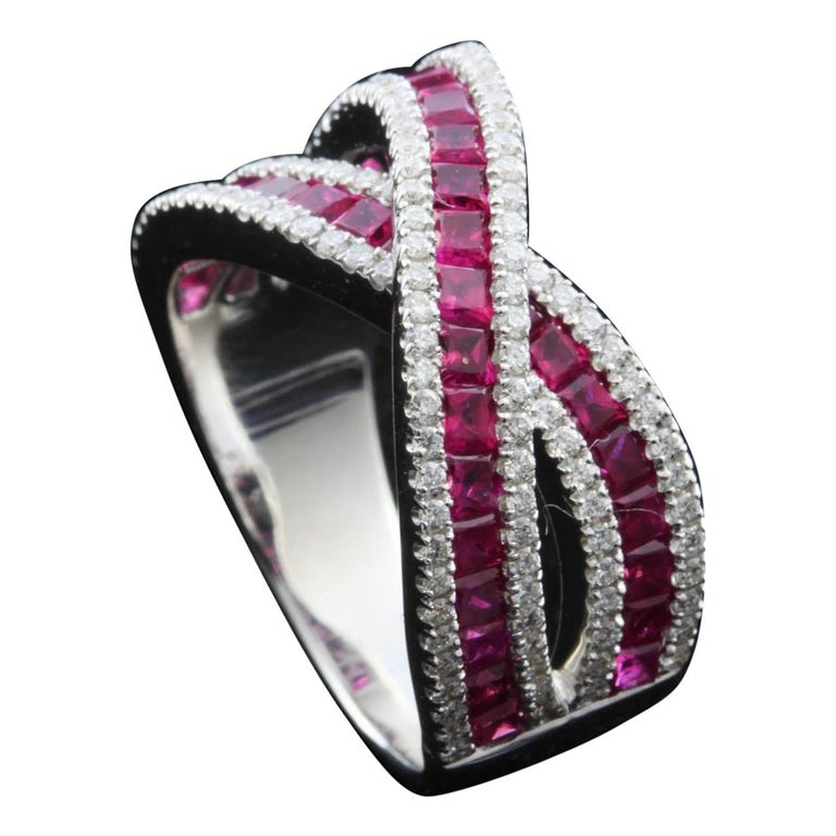Customizable Ruby and Diamond Crossover Ring in 18 Karat Gold For Sale ...