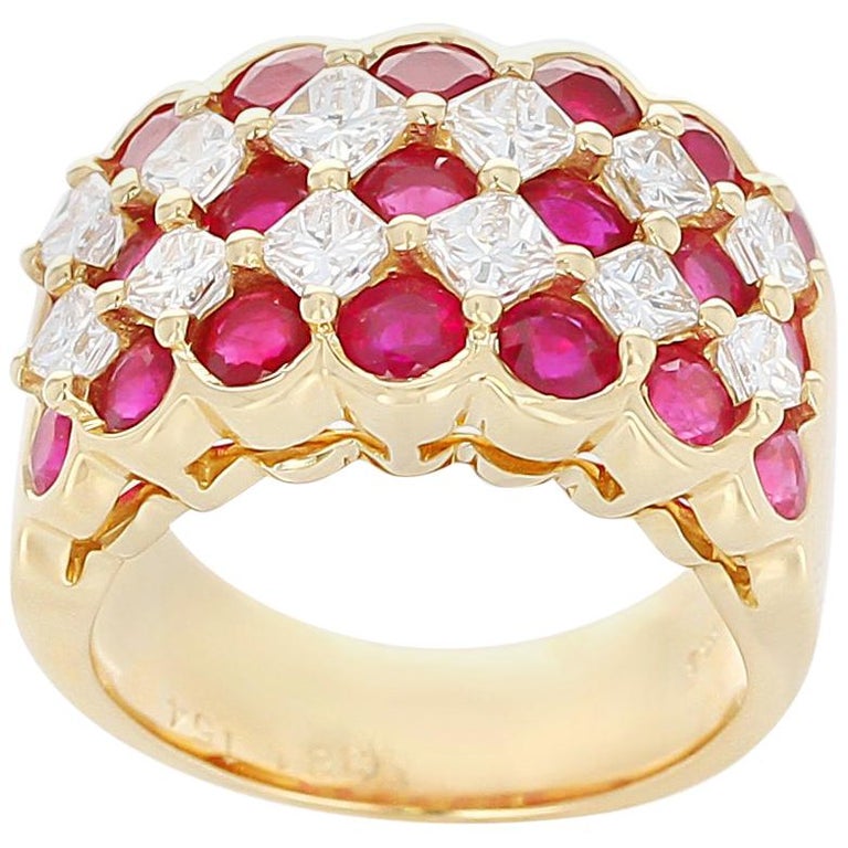 Ruby and Diamond Five Row Ring, 18 Karat Yellow Gold For Sale at 1stDibs