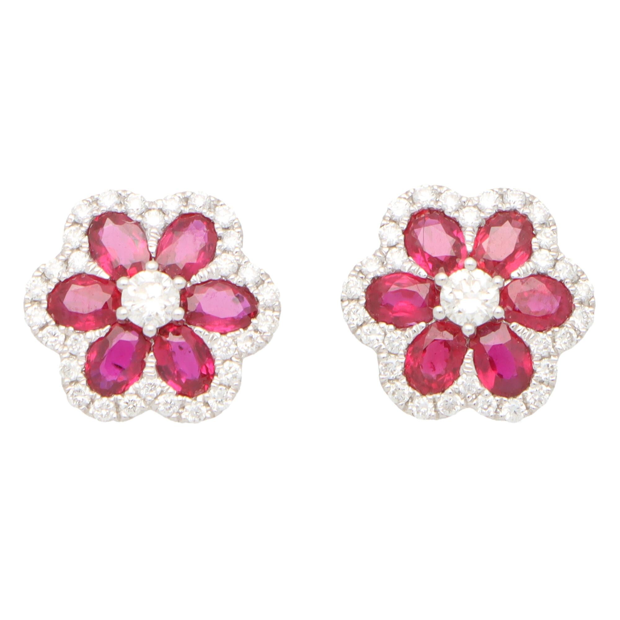 1.5 Carat Ruby and Diamond Cluster Earrings Set in Yellow and White ...