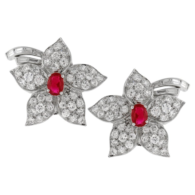 Ruby and Diamond Flower Earrings For Sale at 1stDibs