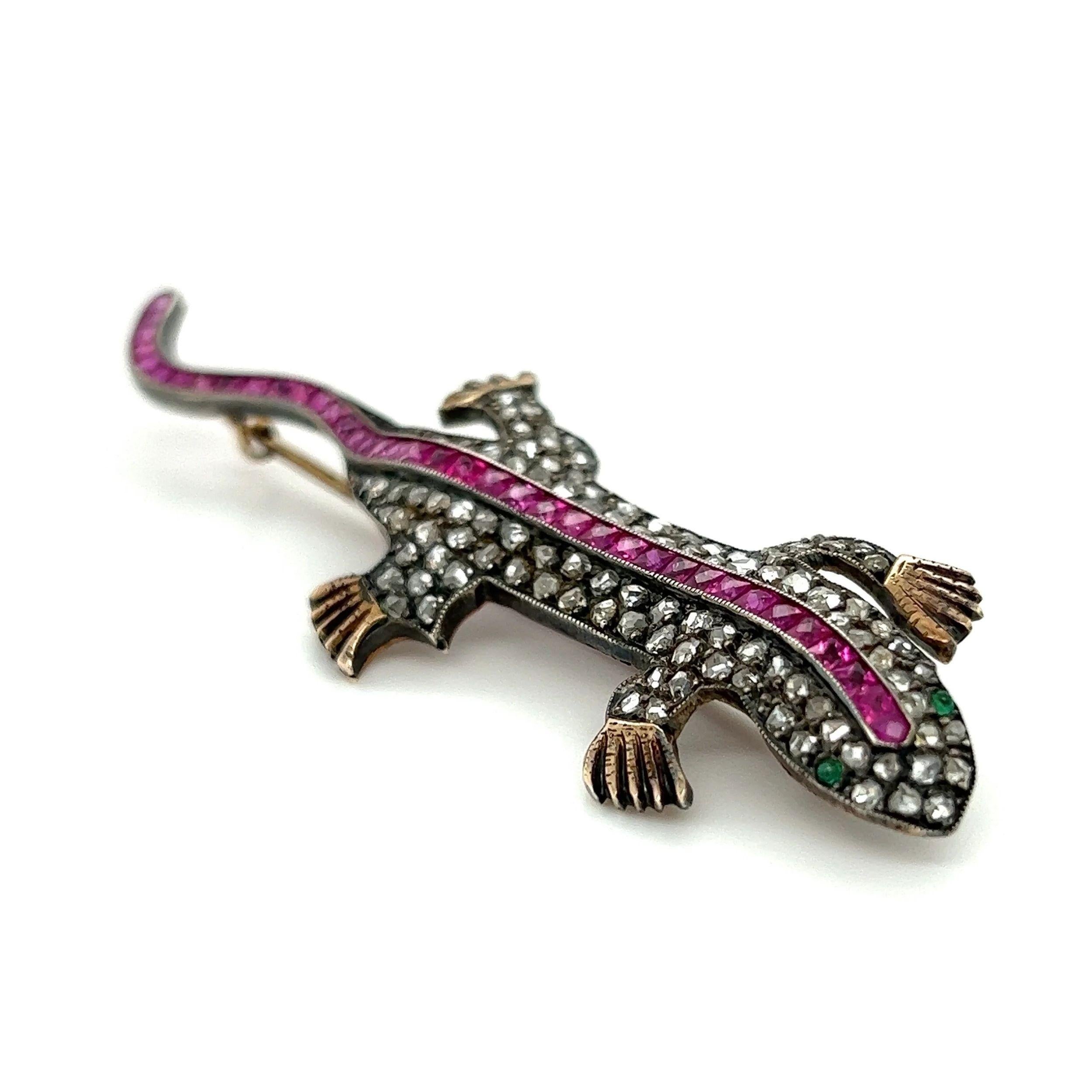 Ruby and Diamond Gecko Lizard Vintage Gold Brooch Pin Estate Fine ...
