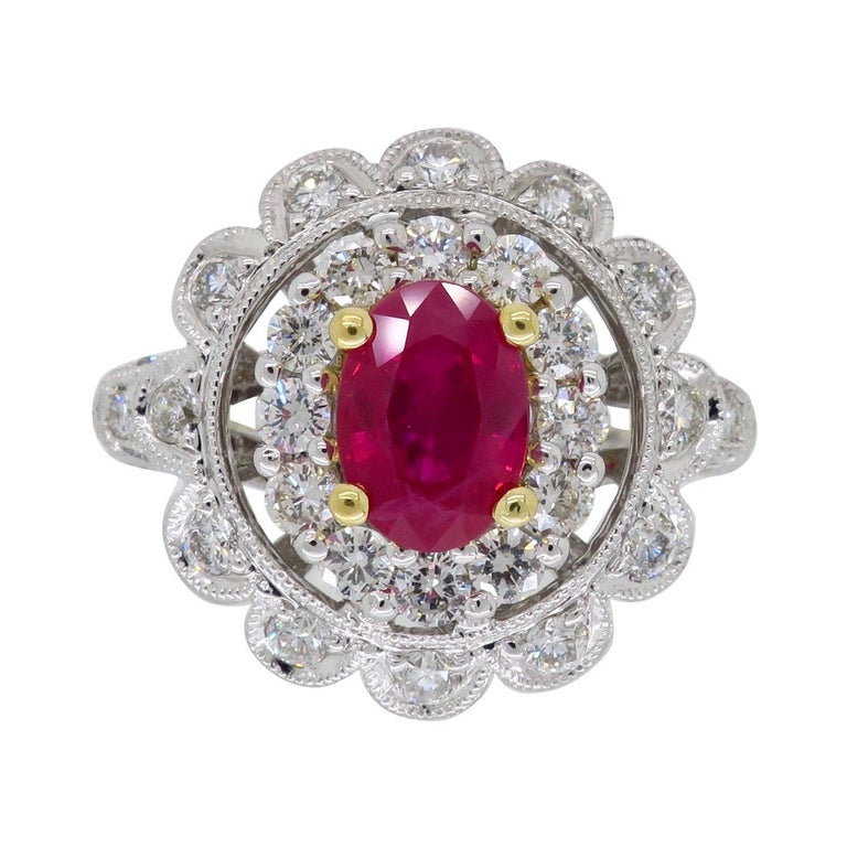 Ruby and Diamond Halo Ring Made in 18k at 1stDibs