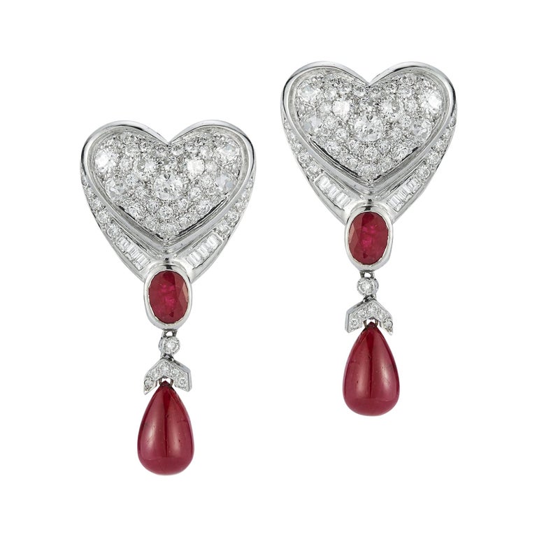 Ruby and Diamond Heart Drop Earrings For Sale at 1stDibs