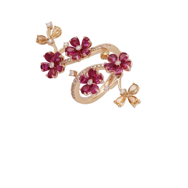 Ruby and Diamond Long Finger Ring, Set in Rose and Yellow Gold at 1stDibs