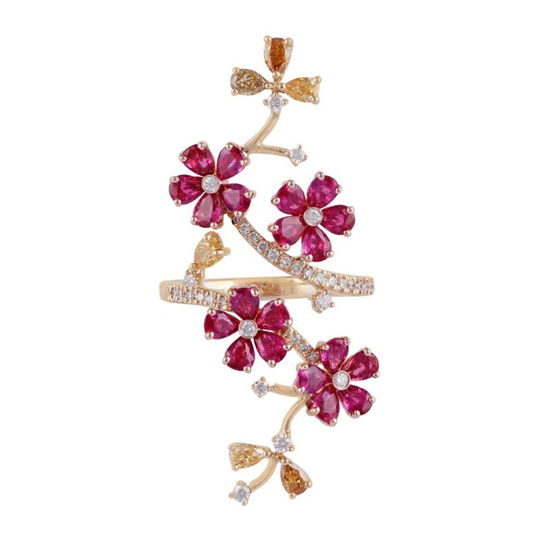 Ruby and Diamond Long Finger Ring, Set in Rose and Yellow Gold at 1stDibs