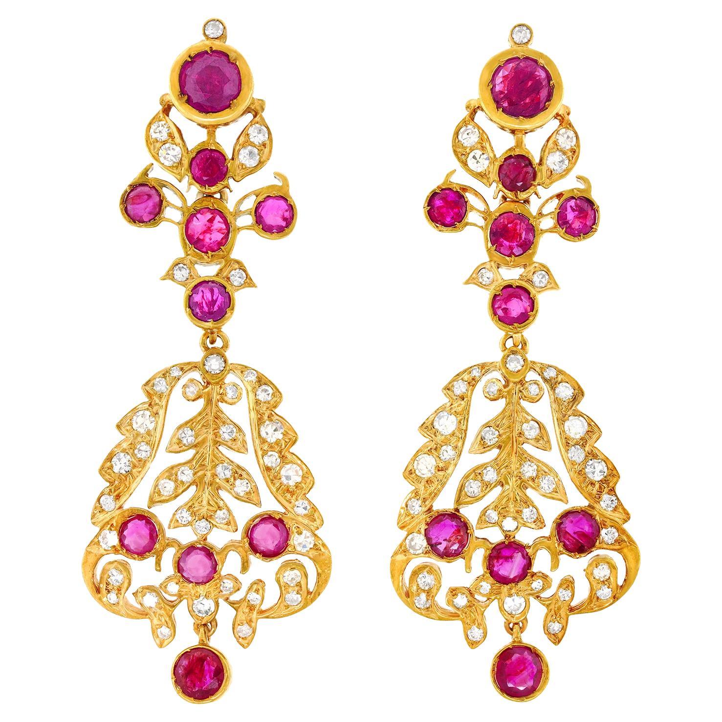 Ruby and Diamond-set Gold Chandelier Earrings For Sale at 1stDibs