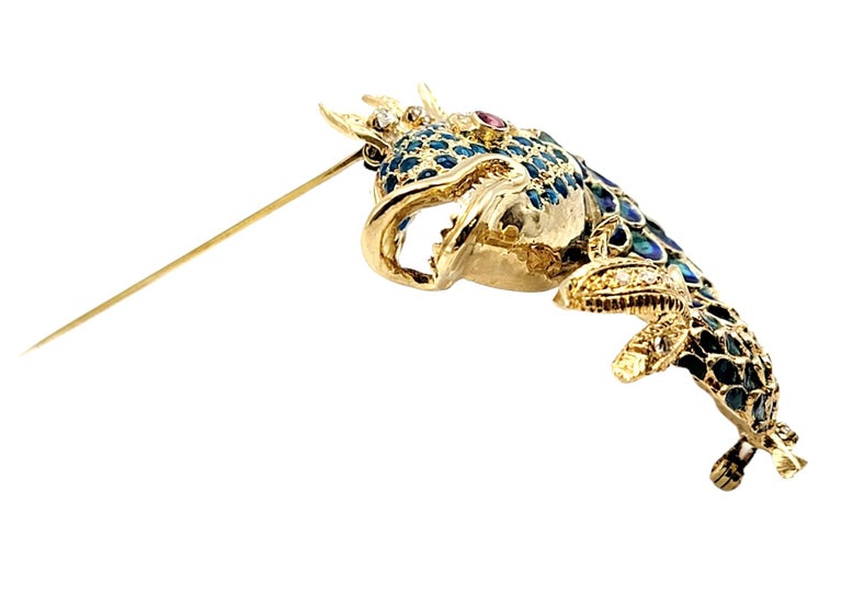 Ornate Scaled 14 Karat Yellow Gold Fish Brooch with Diamonds, Ruby and ...
